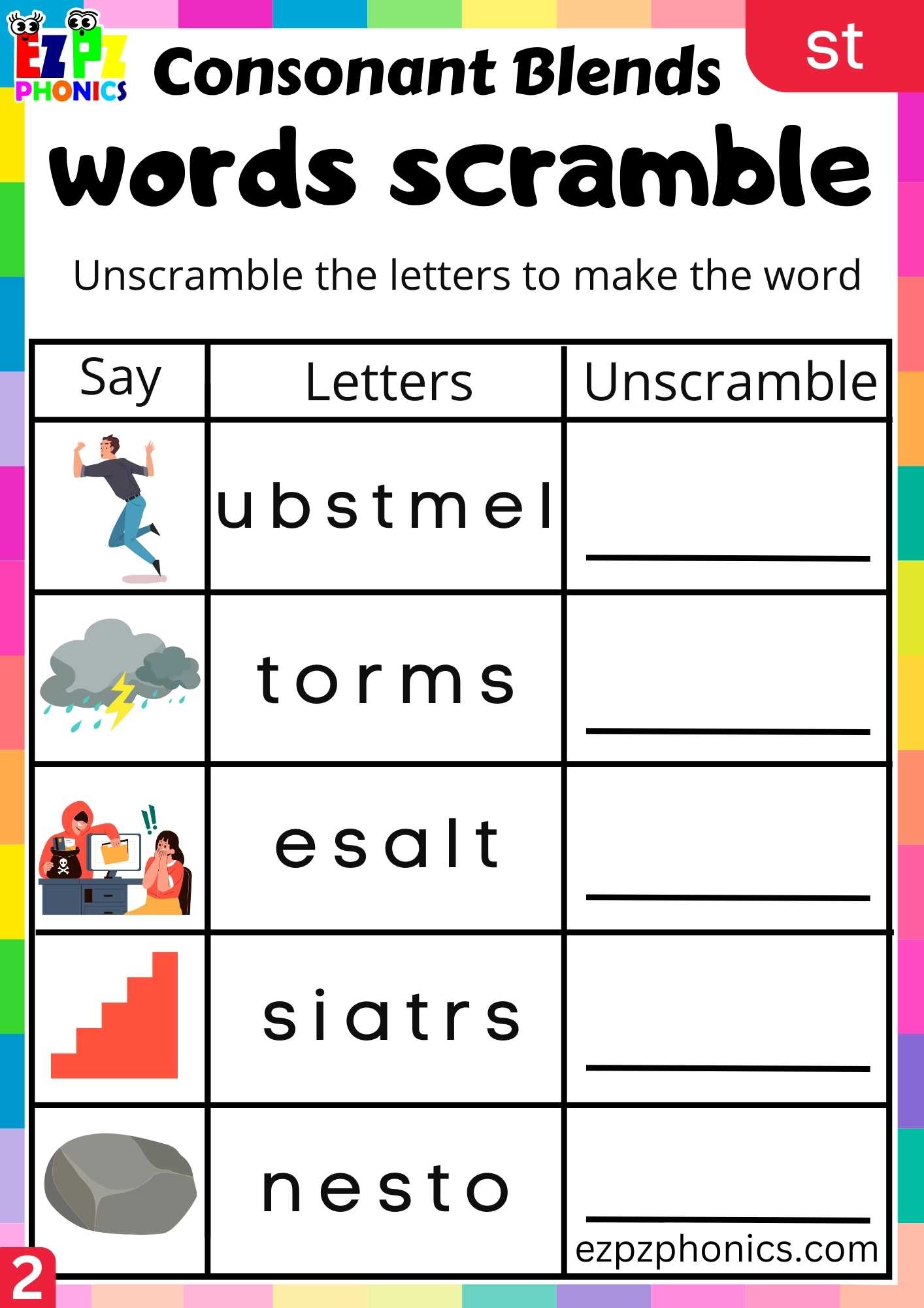 Group2 ST Words Words Scramble Phonics Consonant Blends Worksheet Group2 ST Words Words Scramble Phonics Consonant Blends Worksheet